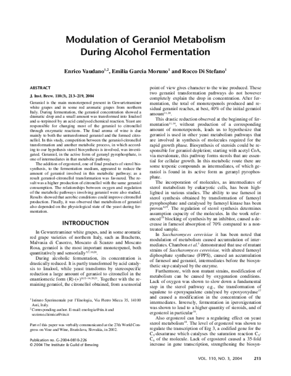 (PDF) Modulation of Geraniol Metabolism During Alcohol Fermentation
