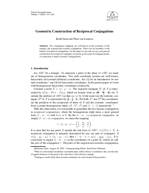 (PDF) Lamoen, Geometric construction of reciprocal conjugations