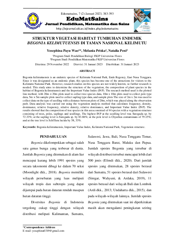 (PDF) Struktur Vegetasi Habitat Tumbuhan Endemik Begonia kelimutuensis di Taman Nasional ...