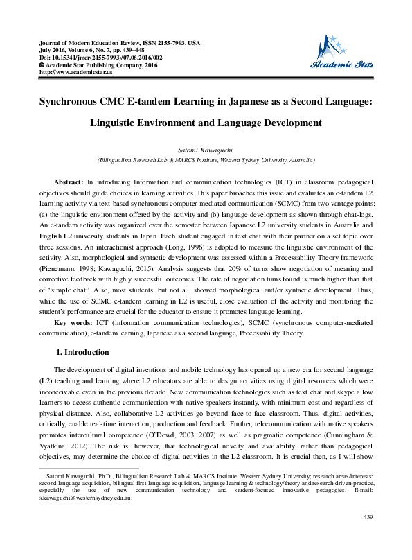 (PDF) Synchronous CMC E-tandem Learning in Japanese as a Second Language: Linguistic Environment ...