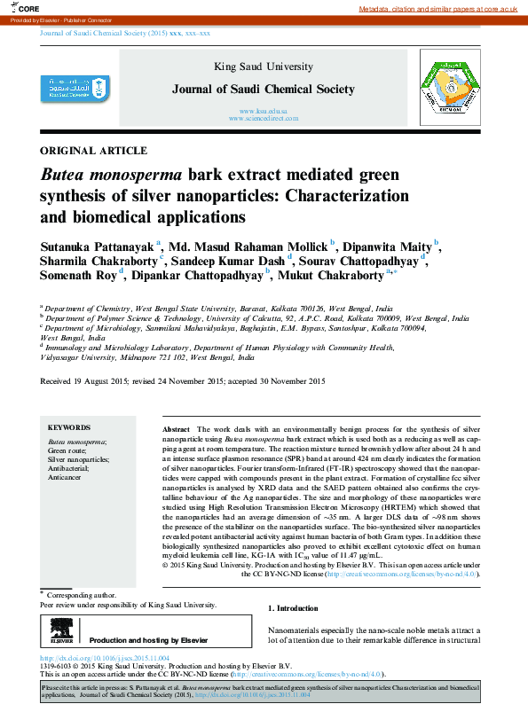 (PDF) Butea monosperma bark extract mediated green synthesis of silver nanoparticles ...