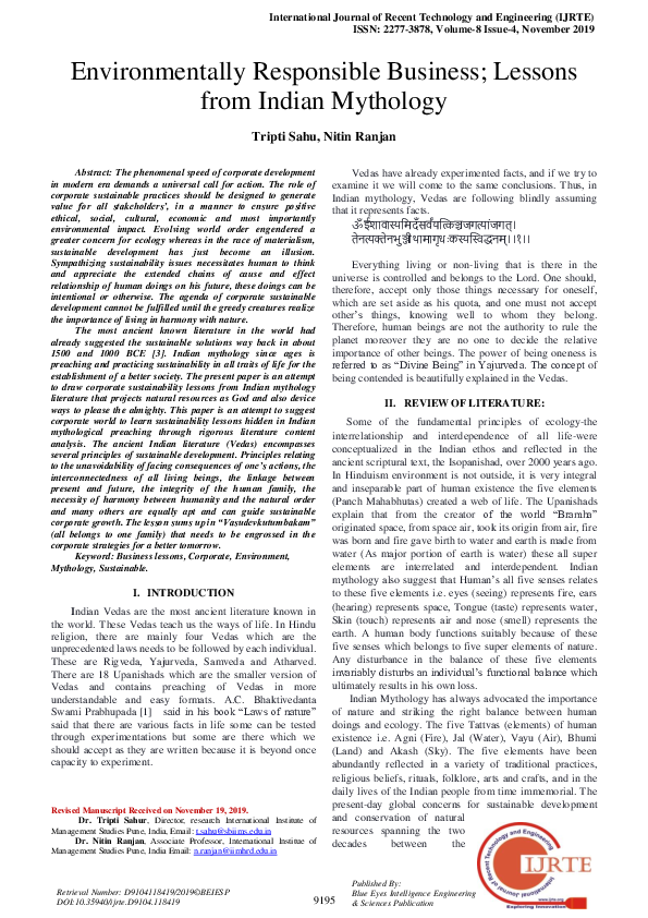 (PDF) Environmentally Responsible Business; Lessons from Indian Mythology