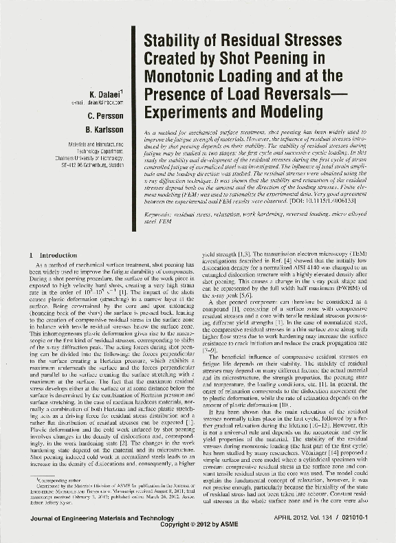 (PDF) Stability of Residual Stresses Created by Shot Peening in Monotonic Loading and at the ...