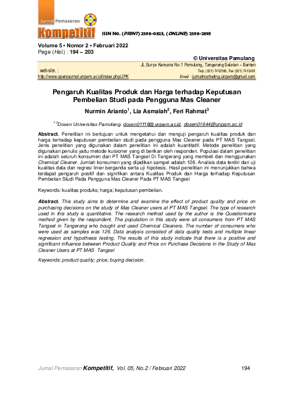 (PDF) Pengaruh Kualitas Produk dan Harga terhadap Keputusan Pembelian Studi pada Pengguna Mas ...