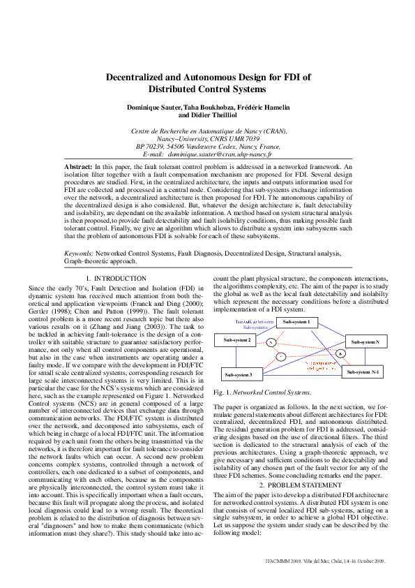 (PDF) Decentralized and Autonomous Design for FDI of Distributed Control Systems