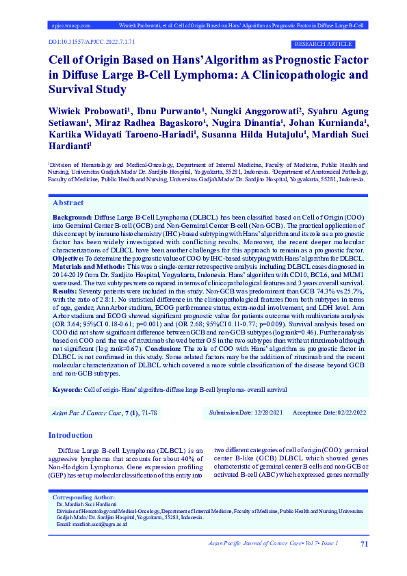 Pdf Cell Of Origin Based On Hans Algorithm As Prognostic Factor In