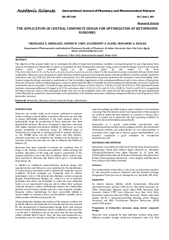 Pdf The Application Of Central Composite Design For Optimization Of Ketoprofen Niosomes