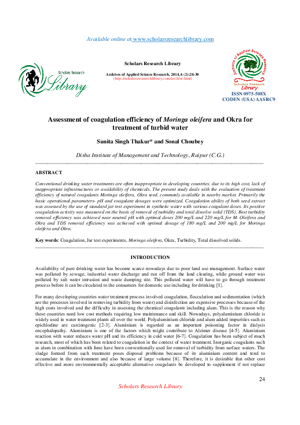 Pdf Assessment Of Coagulation Efficiency Of Moringa Oleifera And Okra