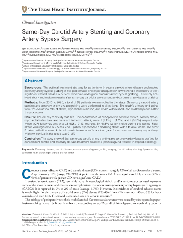 (PDF) Same-Day Carotid Artery Stenting and Coronary Artery Bypass Surgery