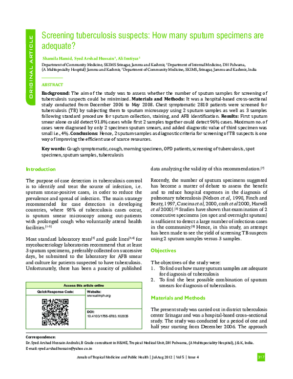 (PDF) Screening tuberculosis suspects: How many sputum specimens are ...