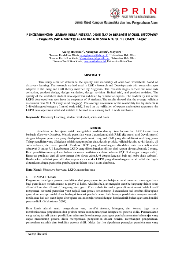 (PDF) Pengembangan Lembar Kerja Peserta Didik (LKPD) Berbasis Model Discovery Learning Pada ...