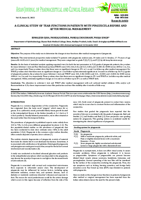 (PDF) A CLINICAL STUDY OF TEAR FUNCTIONS IN PATIENTS WITH PINGUECULA ...