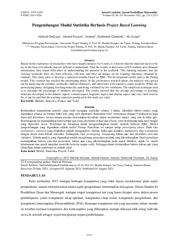 (PDF) Pengembangan Modul Statistika Berbasis Project Based Learning