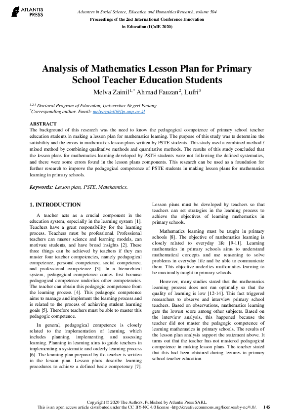 (PDF) Analysis of Mathematics Lesson Plan for Primary School Teacher ...