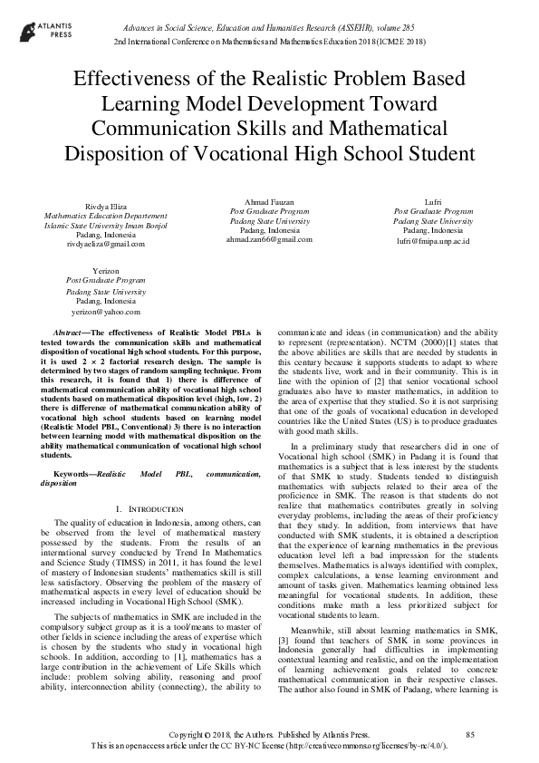 Pdf Effectiveness Of The Realistic Problem Based Learning Model Development Toward