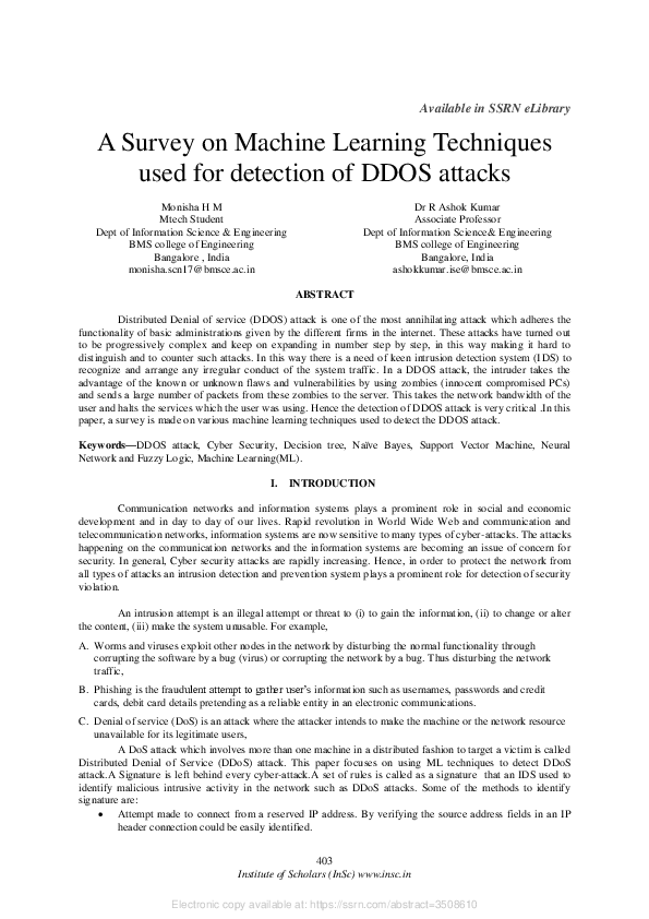 (PDF) A Survey on Machine Learning Techniques used for detection of DDOS attacks | Monisha H M ...