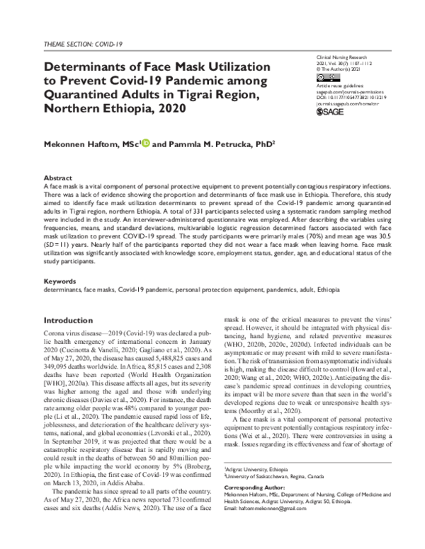 (PDF) Determinants of Face Mask Utilization to Prevent Covid-19 ...