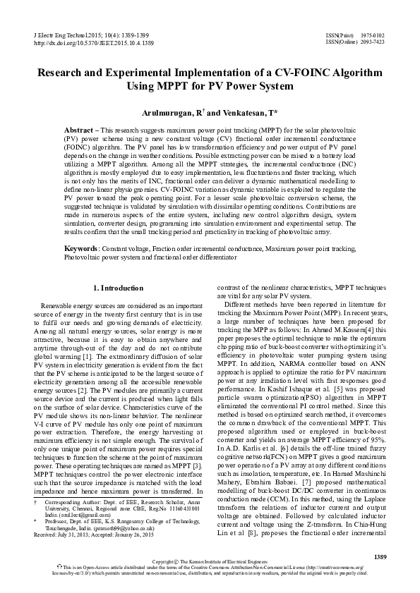 (PDF) Research and Experimental Implementation of a CV-FOINC Algorithm Using MPPT for PV Power ...