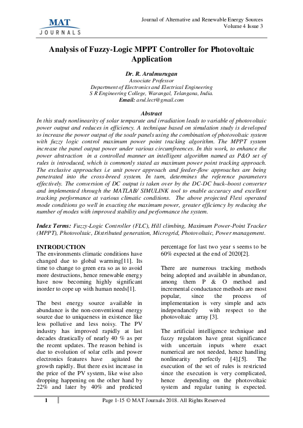 (PDF) Analysis Of Fuzzy-Logic Mppt Controller For Photovoltaic Application