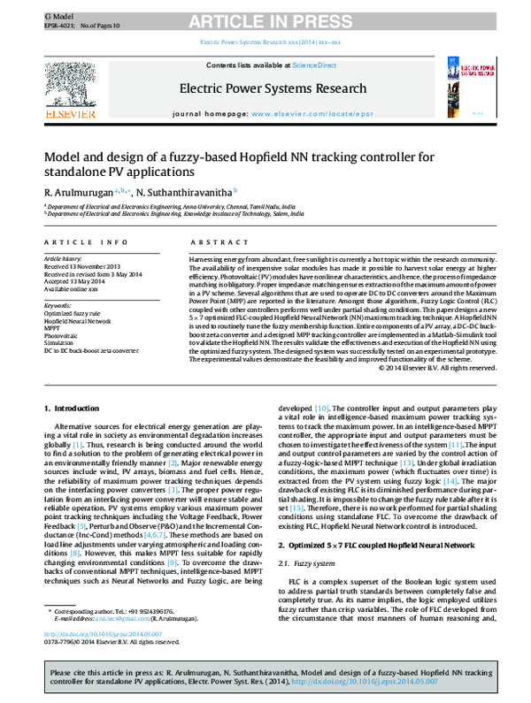 Pdf Model And Design Of A Fuzzy Based Hopfield Nn Tracking Controller For Standalone Pv