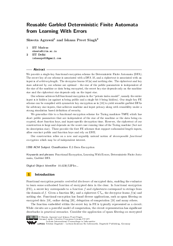(PDF) Reusable Garbled Deterministic Finite Automata from Learning With Errors