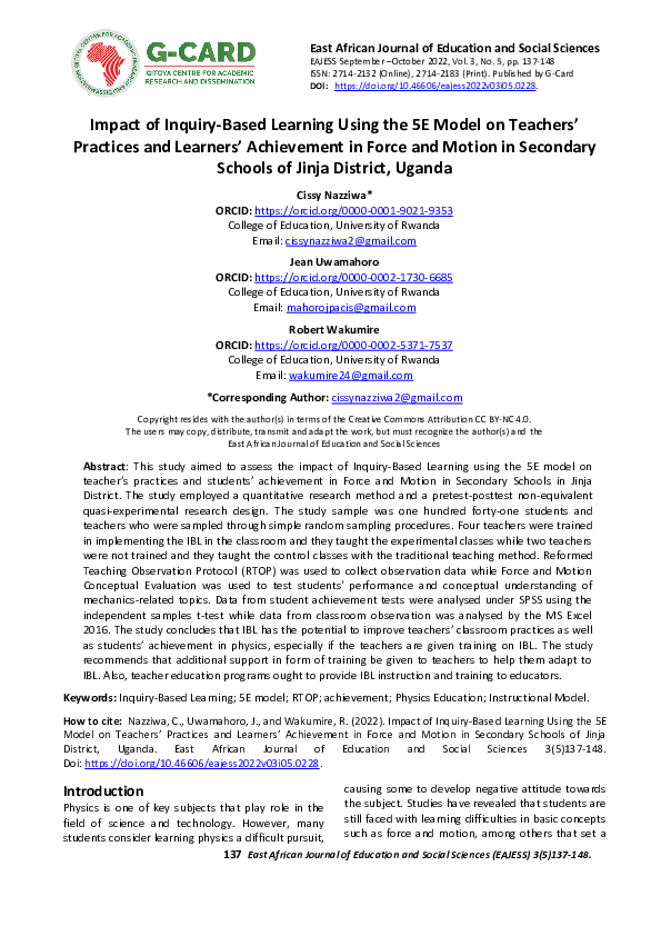 (PDF) Impact of Inquiry-Based Learning Using the 5E Model on Teachers ...