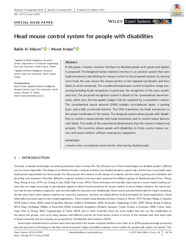 (PDF) Head mouse control system for people with disabilities