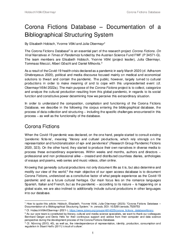 (PDF) Corona Fictions Database – Documentation of a Bibliographical Structuring System