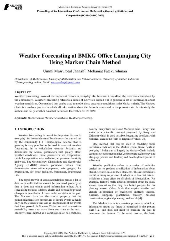 (PDF) Weather Forecasting at BMKG Office Lumajang City Using Markov Chain Method