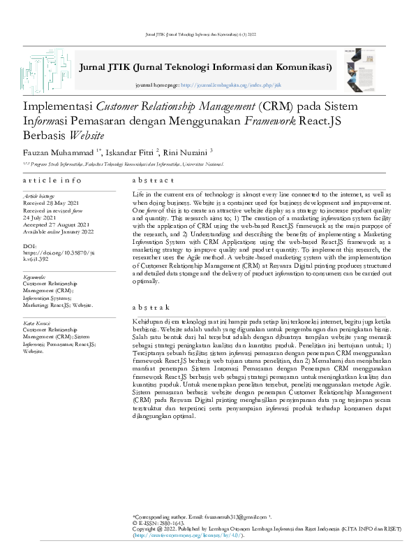 (PDF) Implementasi Customer Relationship Management (CRM) pada Sistem Informasi Pemasaran dengan ...