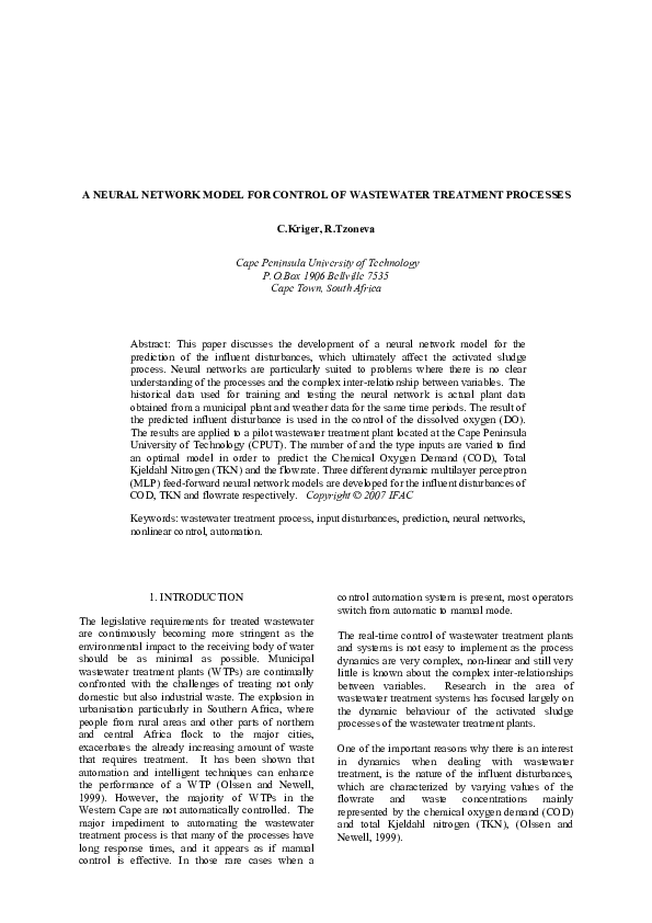 (PDF) A Neural Network Model for Control of Wastewater Treatment Processes