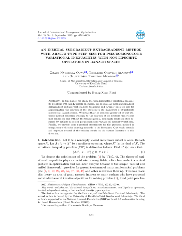 (PDF) An inertial subgradient extragradient method with Armijo type step size for pseudomonotone ...