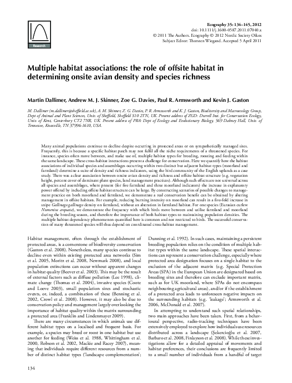 (PDF) Multiple habitat associations: the role of offsite habitat in ...