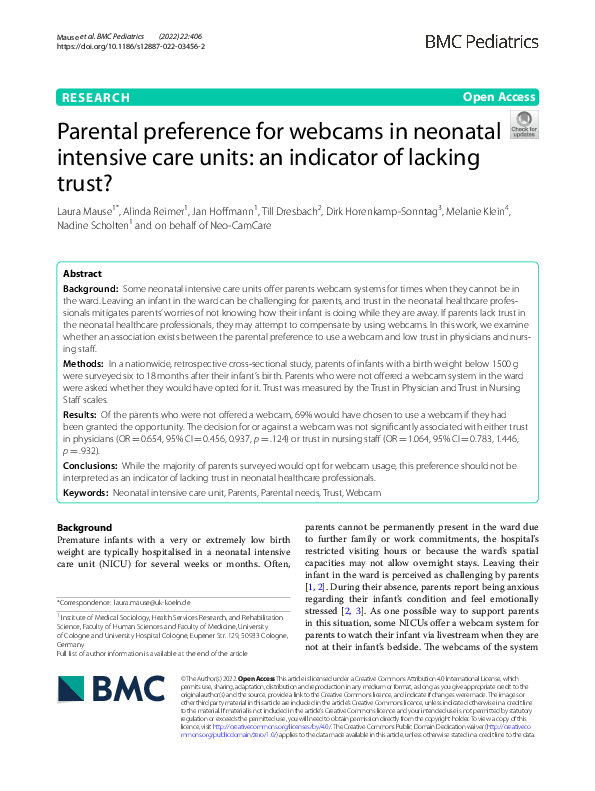 (PDF) Parental preference for webcams in neonatal intensive care units ...