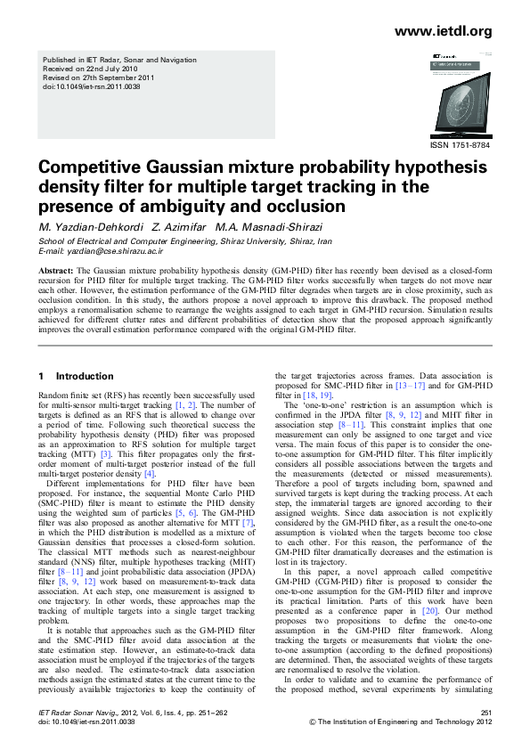 (PDF) Competitive Gaussian mixture probability hypothesis density filter for multiple target ...