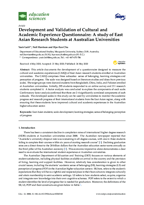 (PDF) Development and Validation of Cultural and Academic Experience Questionnaire: A study of ...