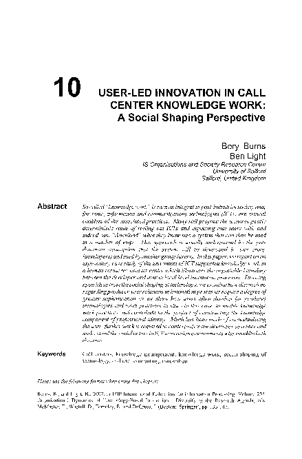 (PDF) User-Led Innovation in Call Center Knowledge Work