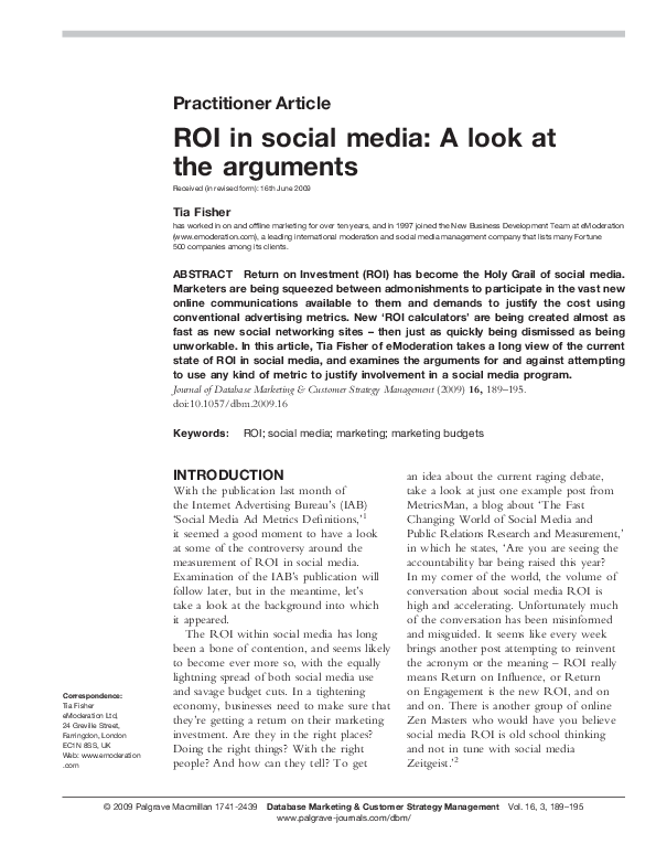 (PDF) ROI in social media: A look at the arguments