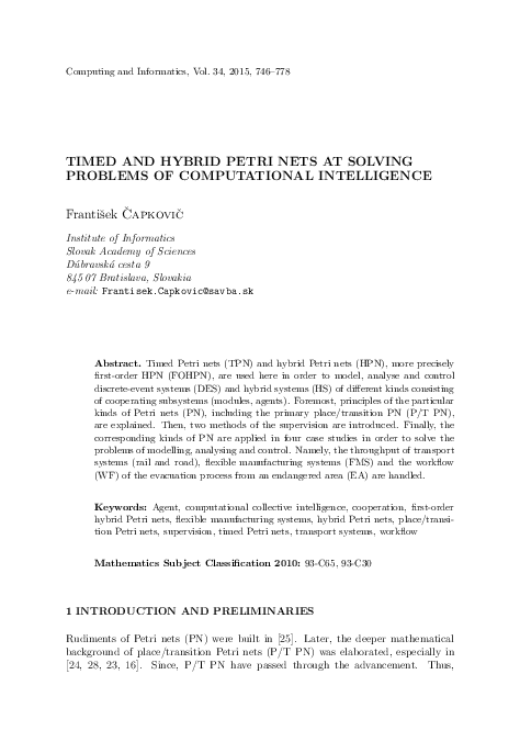 (PDF) Timed and Hybrid Petri Nets at Solving Problems of Computational Intelligence