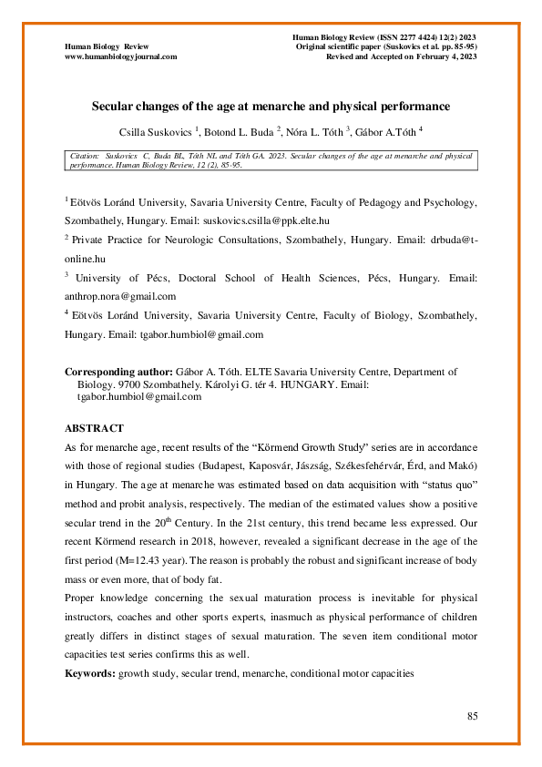 (PDF) Secular changes of the age at menarche and physical performance