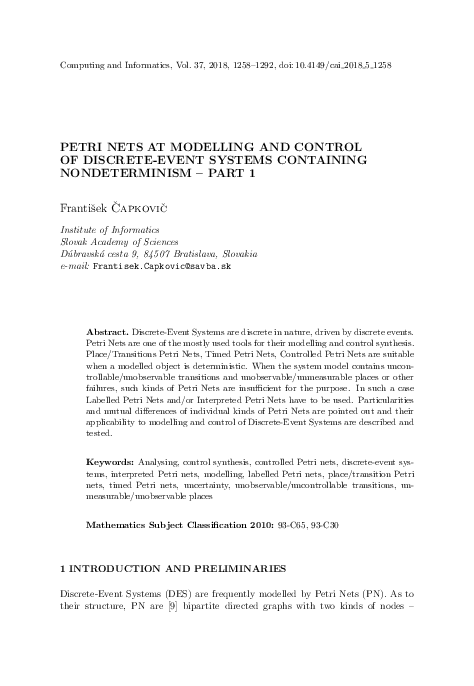 (PDF) Petri Nets at Modelling and Control of Discrete-Event Systems Containing Nondeterminism ...