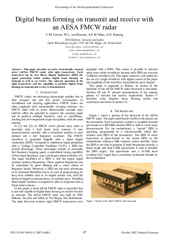 (PDF) Digital beam forming on transmit and receive with an AESA FMCW radar