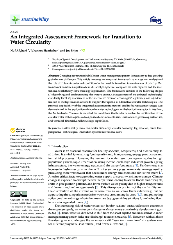 (PDF) An Integrated Assessment Framework for Transition to Water Circularity