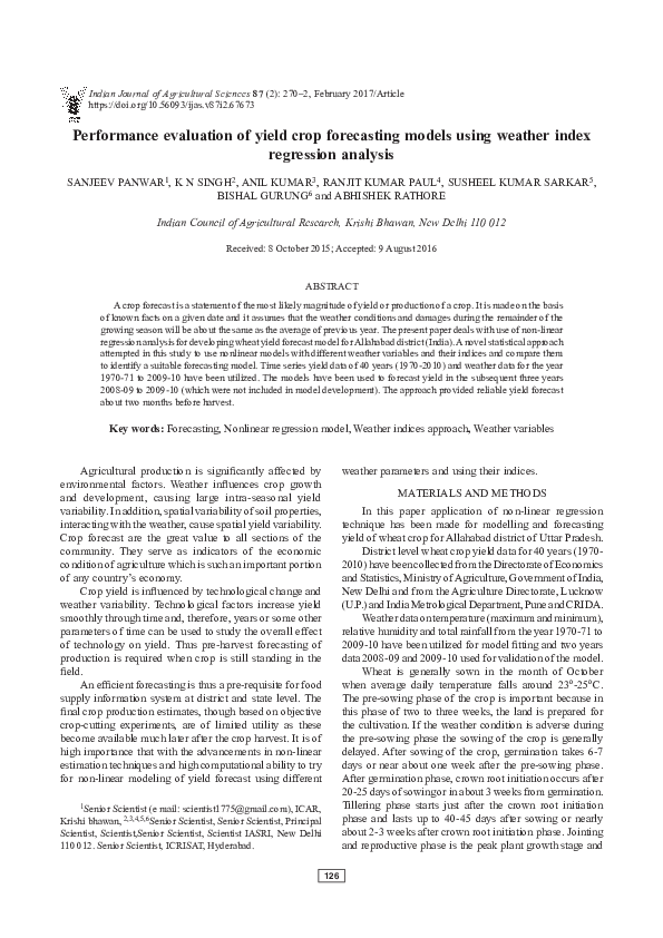 (PDF) Performance evaluation of yield crop forecasting models using weather index regression ...