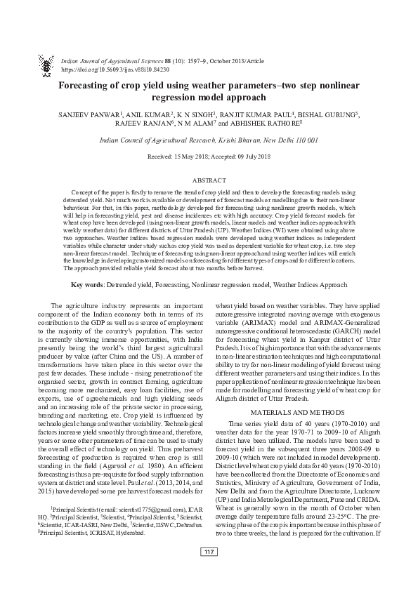 Pdf Forecasting Of Crop Yield Using Weather Parameters Two Step Nonlinear Regression Model