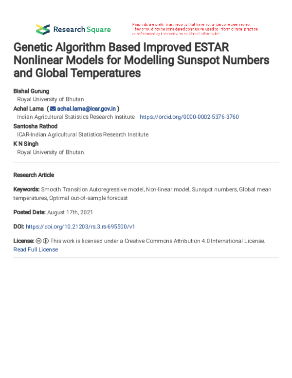 Pdf Genetic Algorithm Based Improved Estar Nonlinear Models For Modelling Sunspot Numbers And