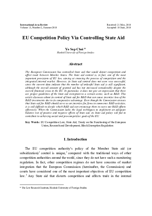 (PDF) EU Competition Policy via Controlling State Aid