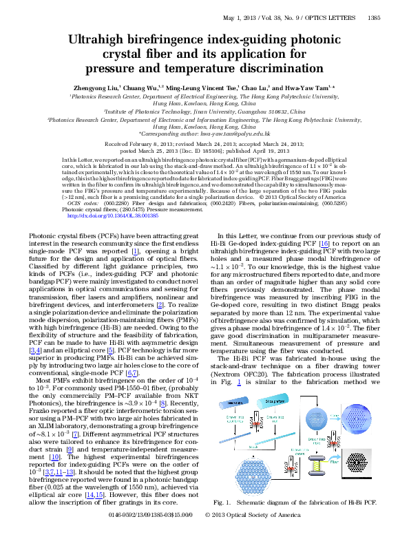 Pdf Ultrahigh Birefringence Index Guiding Photonic Crystal Fiber And Its Application For