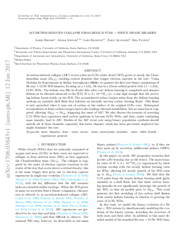 (PDF) Accretion-induced Collapse from Helium Star + White Dwarf Binaries
