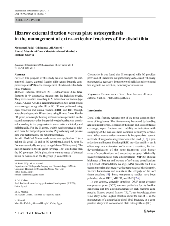 (PDF) Ilizarov external fixation versus plate osteosynthesis in the management of extra ...